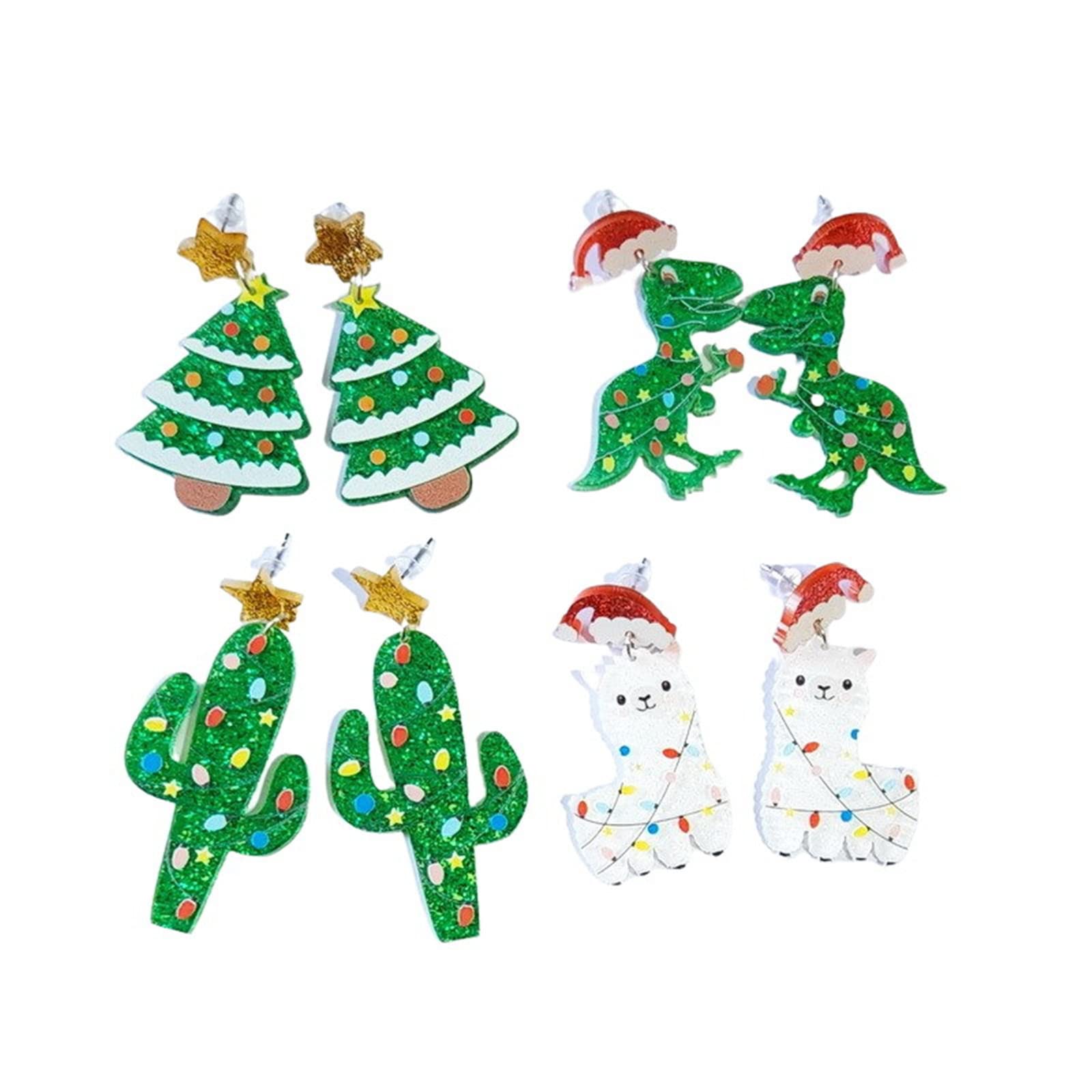 4/5Pairs Cute Cartoon Christmas Tree Dinosaur Alpaca Cactus Santa Claus Hat Drop Dangle Earring Set for Women Acrylic Glitter Cactus Animal Earring Xmas Party Jewelry Gift-A 4pairs