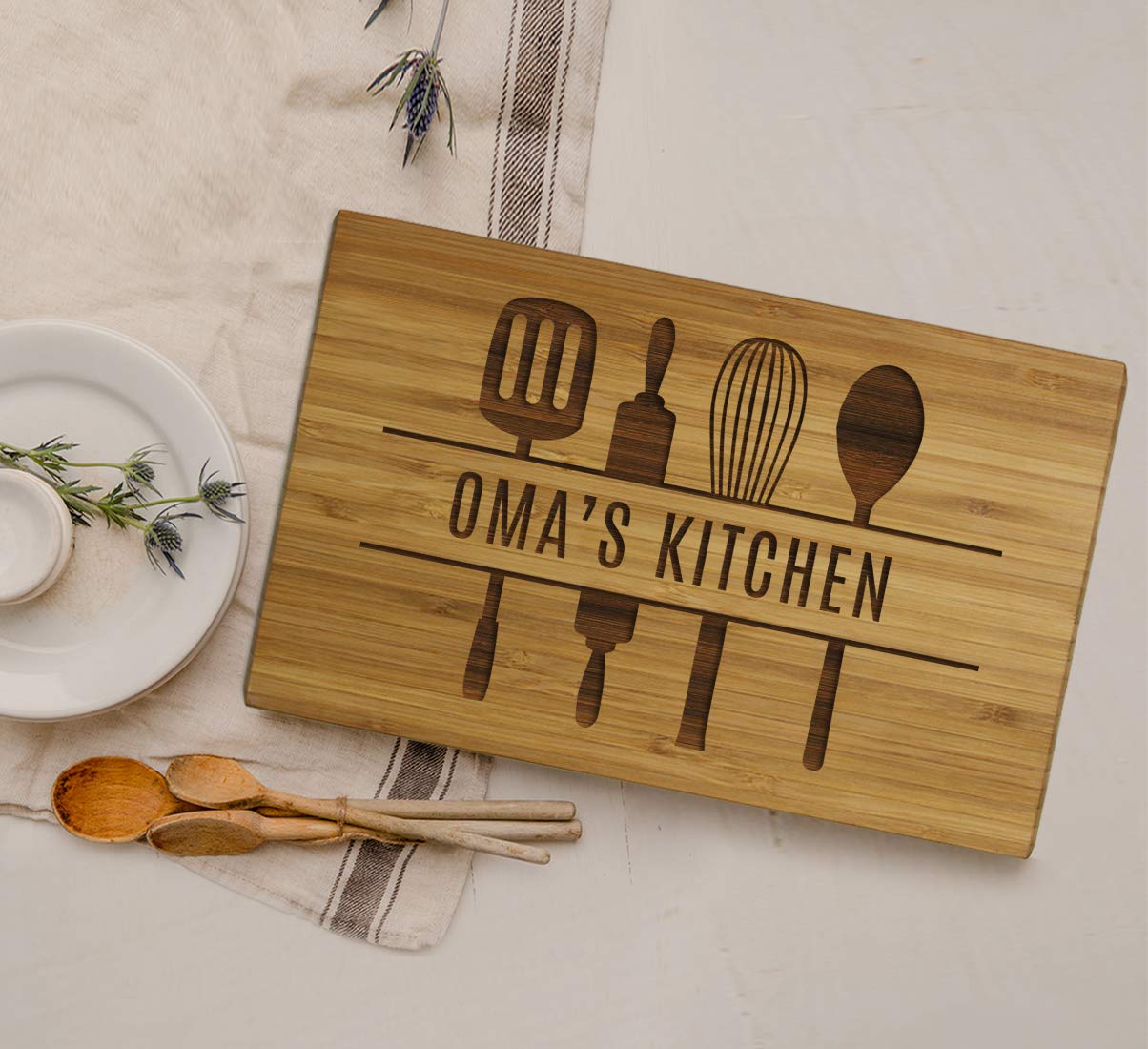 Andaz Press Large Bamboo Wood Cutting Board Gift, 17.75 x 11-inch, Oma's Kitchen, Utensils Graphic, 1-Pack, Laser Engraved Serving Chopping Board Christmas Birthday Chef Kitchen Ideas