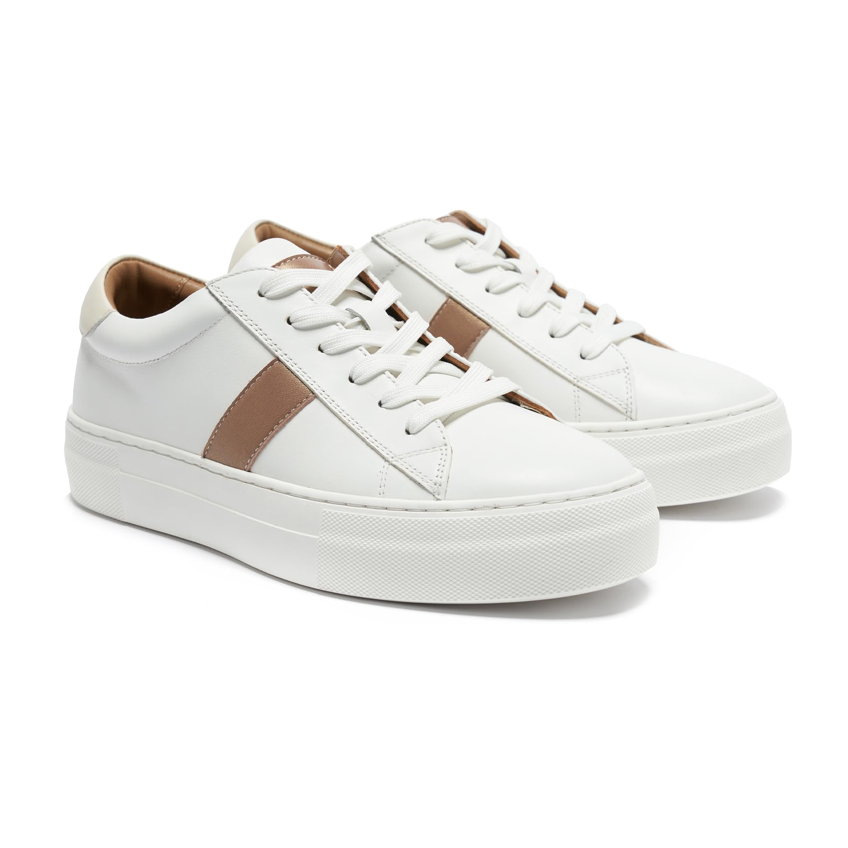 AiciBerllucci Women's Casual Sneakers,Leather Platform Sneakers for Women Fashion,Lace Up Walking Sneakers Comfortable,Street Platform Sneakers Low Top Authentic Shoes White 99AP48-WhiteBrown-7.5