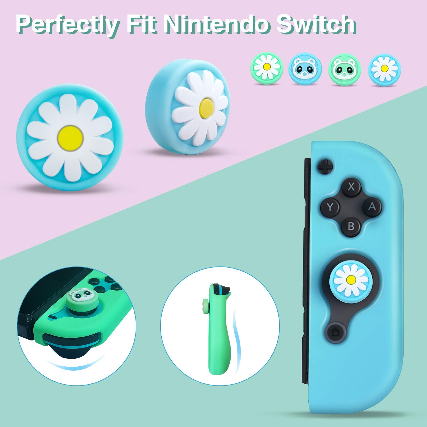 6amLifestyle 4 Pack Thumb Grip Caps with 2 Pack JoyCon Silicone Cover for Nintendo Switch, Blue& Green Joy-Con Controller Gel Guards with Raccoon Flower Cute Joystick Caps