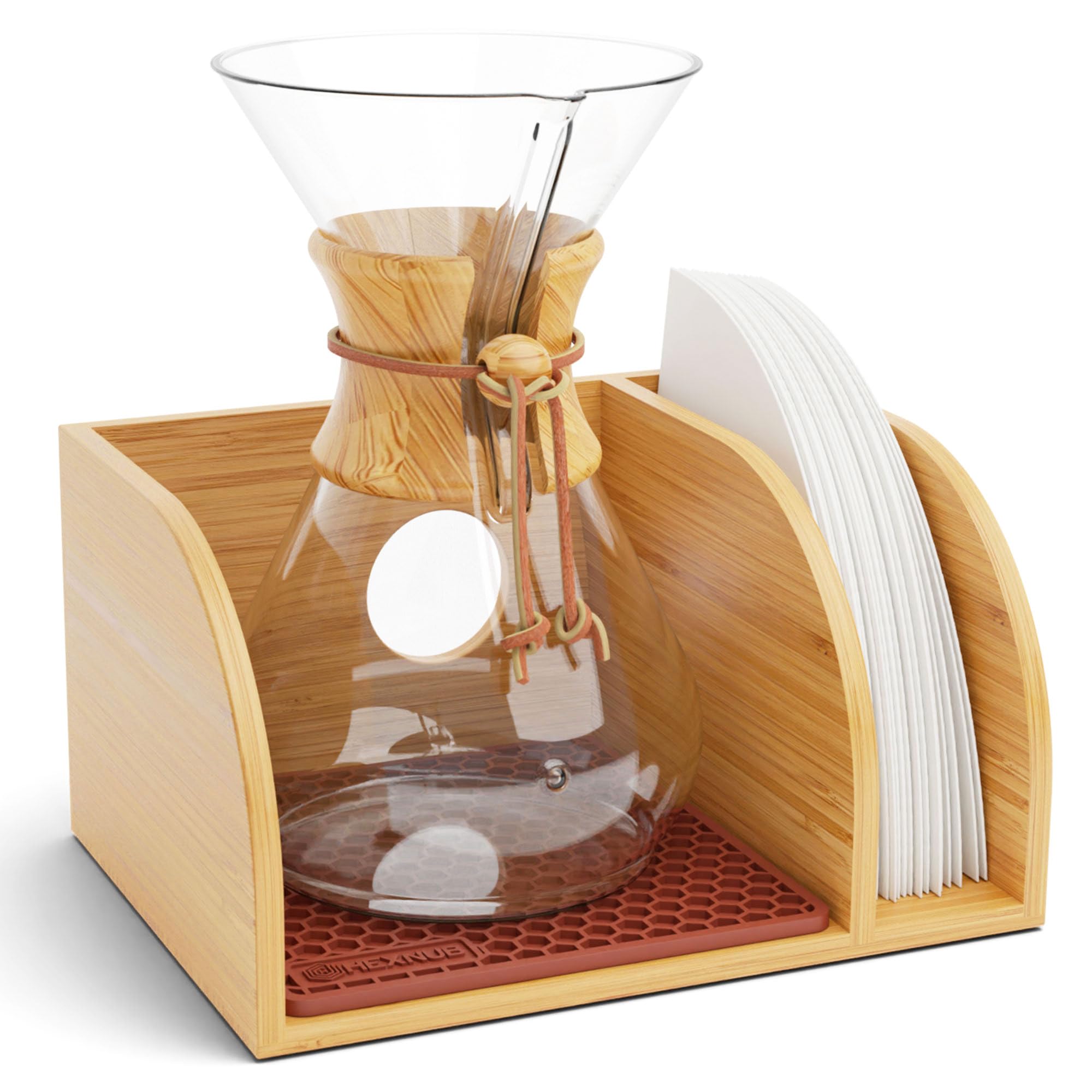 HEXNUB â Caddy for Pour Over Coffee Maker, Bamboo Stand fits Chemex, Bodum, Cosori Coffee Carafes, Heatproof Mat, Filter Holder for Drip Coffee Maker - Brown Mat