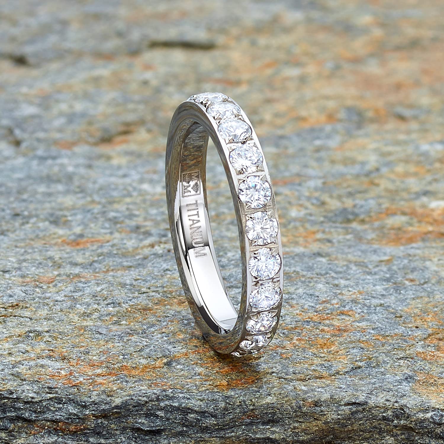 3MM Ladies Titanium Eternity Engagement Band, Wedding Ring with Pave Set Cubic Zirconia Size 8