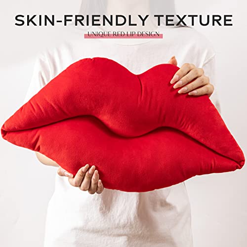 Ashler 3D Lips Throw Pillows Smooth Soft Velvet Insert Included, Lip Shaped Pillow for Bed Living Room, New Red, 24 X 12 inches