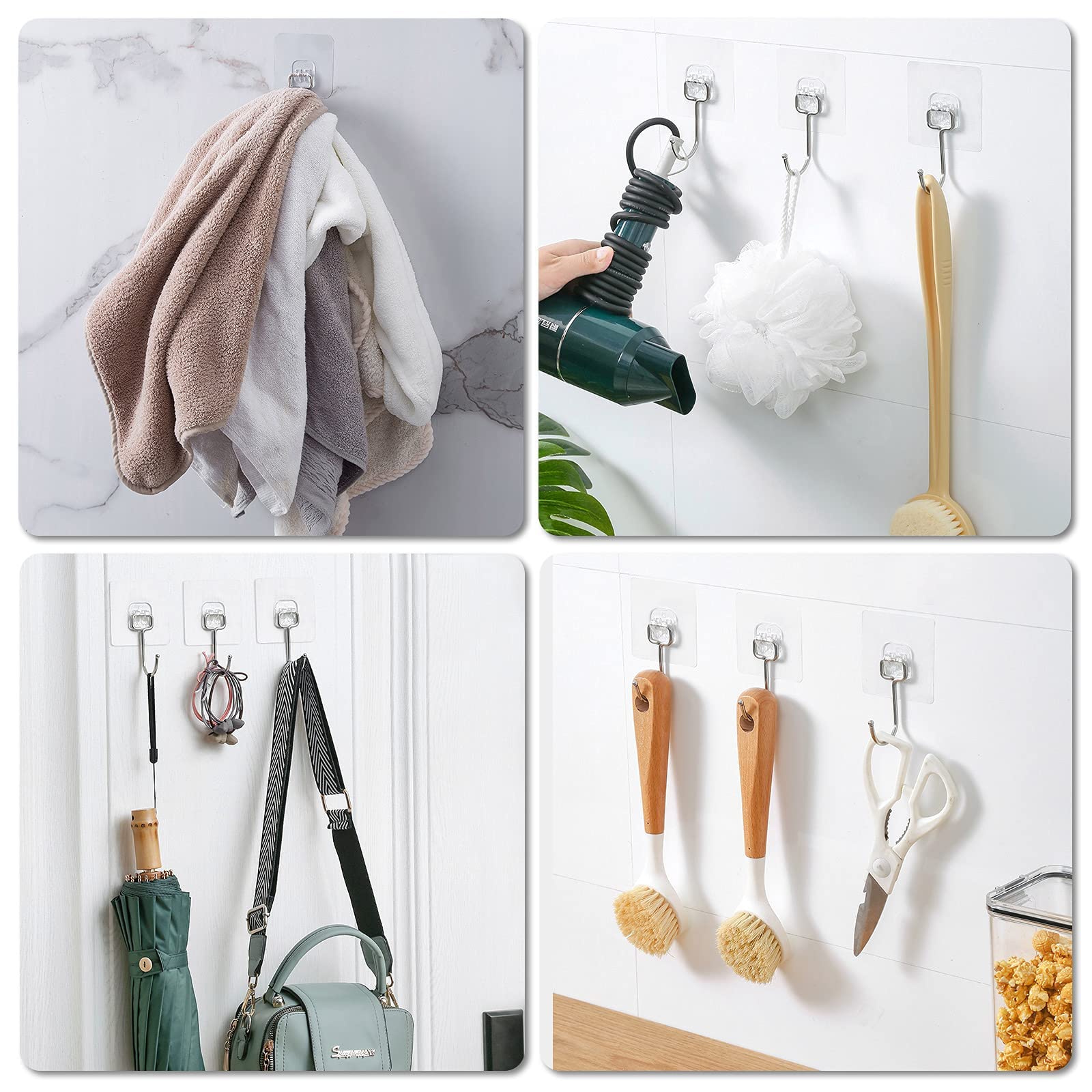 SZNKB Adhesive Hooks for Hanging Heavy Duty 44lbs(Max), Transparent Waterproof Oil-Proof and Rustproof Wall Hooks, Towel and Coats Hooks for Bathroom,Kitchen Home and Office, 12 Pack