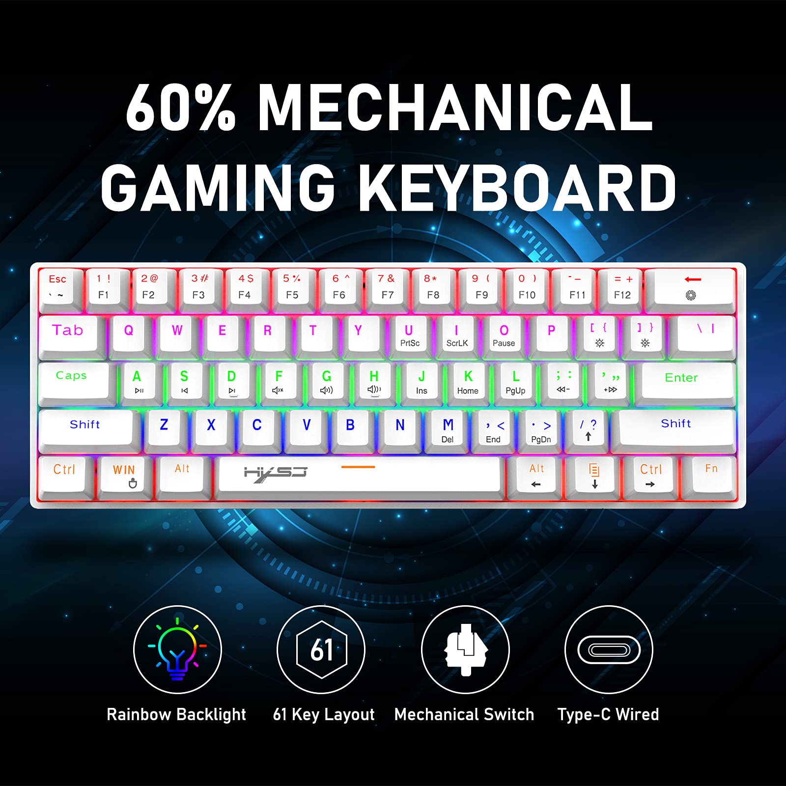60% Mechanical Gaming Keyboard and Mouse with Full Anti-ghosting Ergonomic 61 Key Rainbow Backlight Blue Switch Type-C Wired Lightweight Honeycomb Mice 6400 DPI for Computer Laptop Gamer Typist(White)