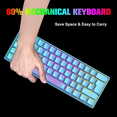 60% Mechanical Gaming Keyboard Mini Portable with RGB Backlit Full Anti-Ghosting 61 Key Ergonomic Metal Plate Wired Type-C USB Waterproof for Typist Laptop PC Mac Gamer(Blue Keycap/Blue Switch)