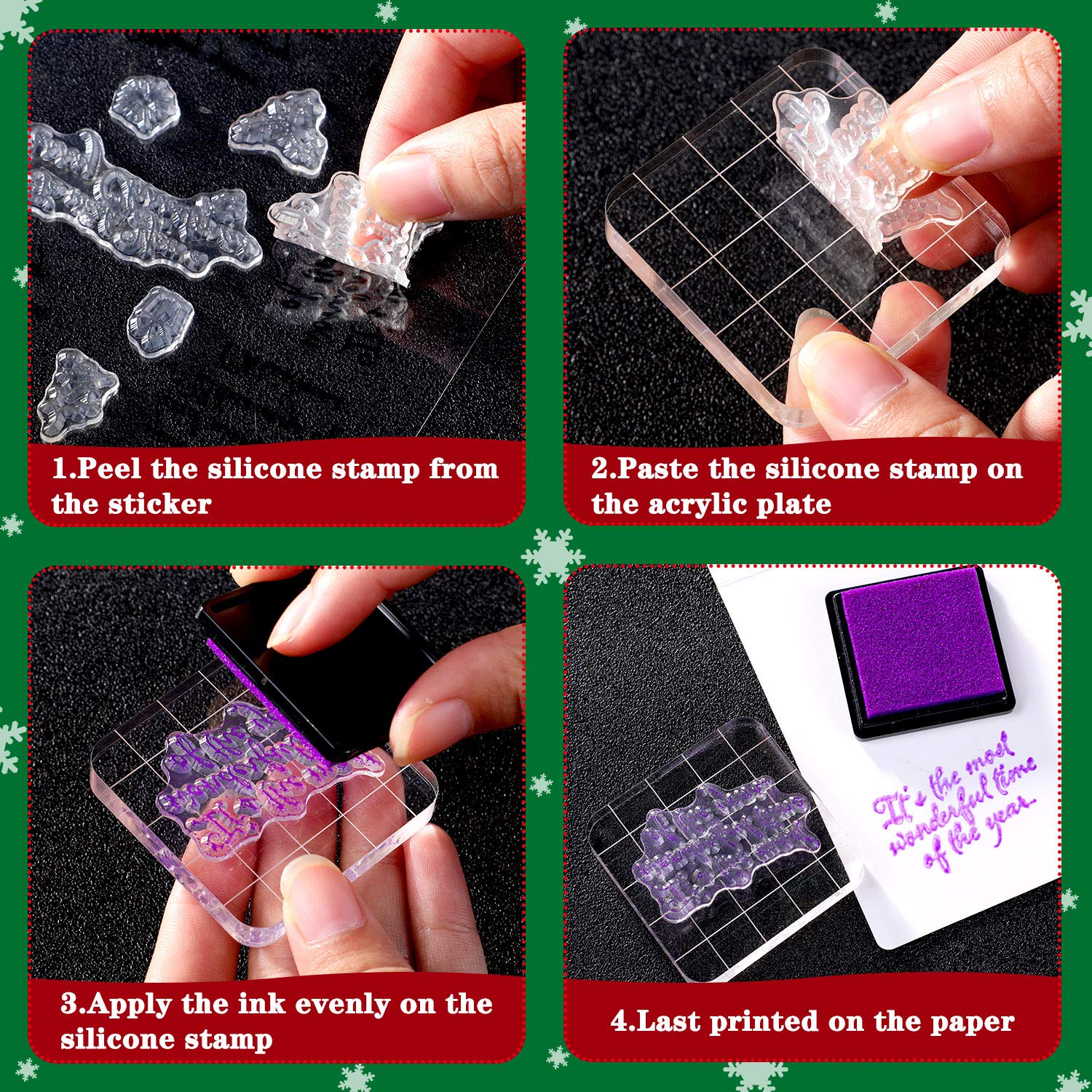 4 Pieces Words Christmas Clear Stamps Set Silicone Christmas Greeting Stamps Sentiments Merry Christmas Crafts Stamps Acrylic Stamp Blocks Tools with Grid Lines for Card Making Decor DIY Scrapbooking