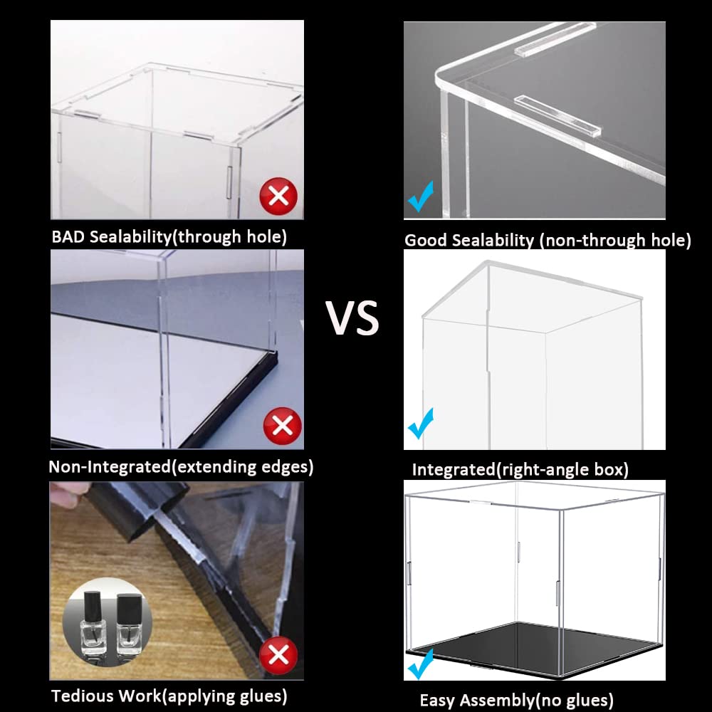 Clear Acrylic Display Case,Self-Assembly Display Box with Black Acrylic Base,Countertop Box Cube Organizer Stand Riser Dustproof Protection Showcase for Action Figures Toys Collectibles(9.5x8x8 inch)