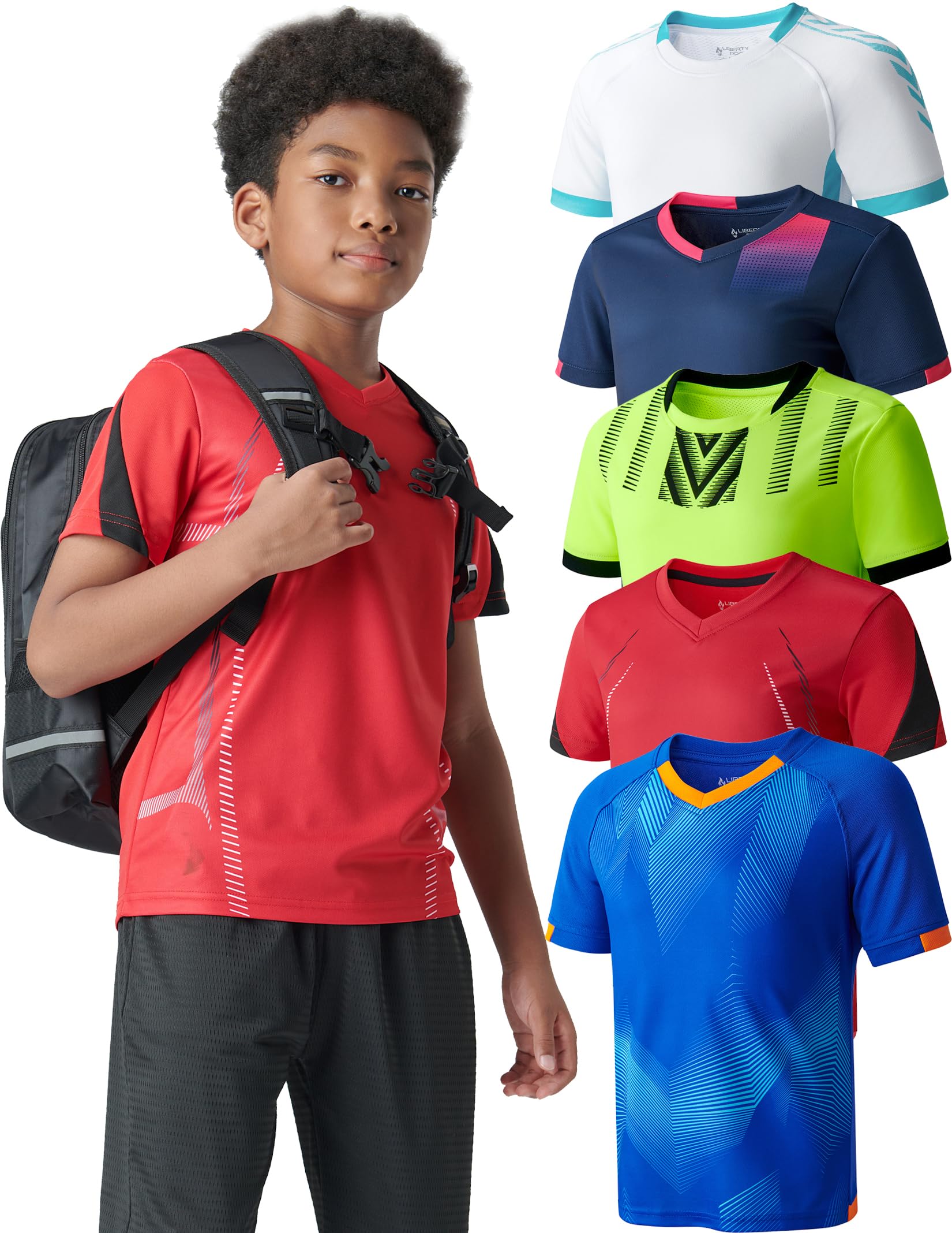 5 Pack Boys Athletic Shirts, Youth Activewear Dry Fit Tshirts for Kids, Short Sleeve Tees, Bulk Athletic Performance Clothing (Set 4, Large)