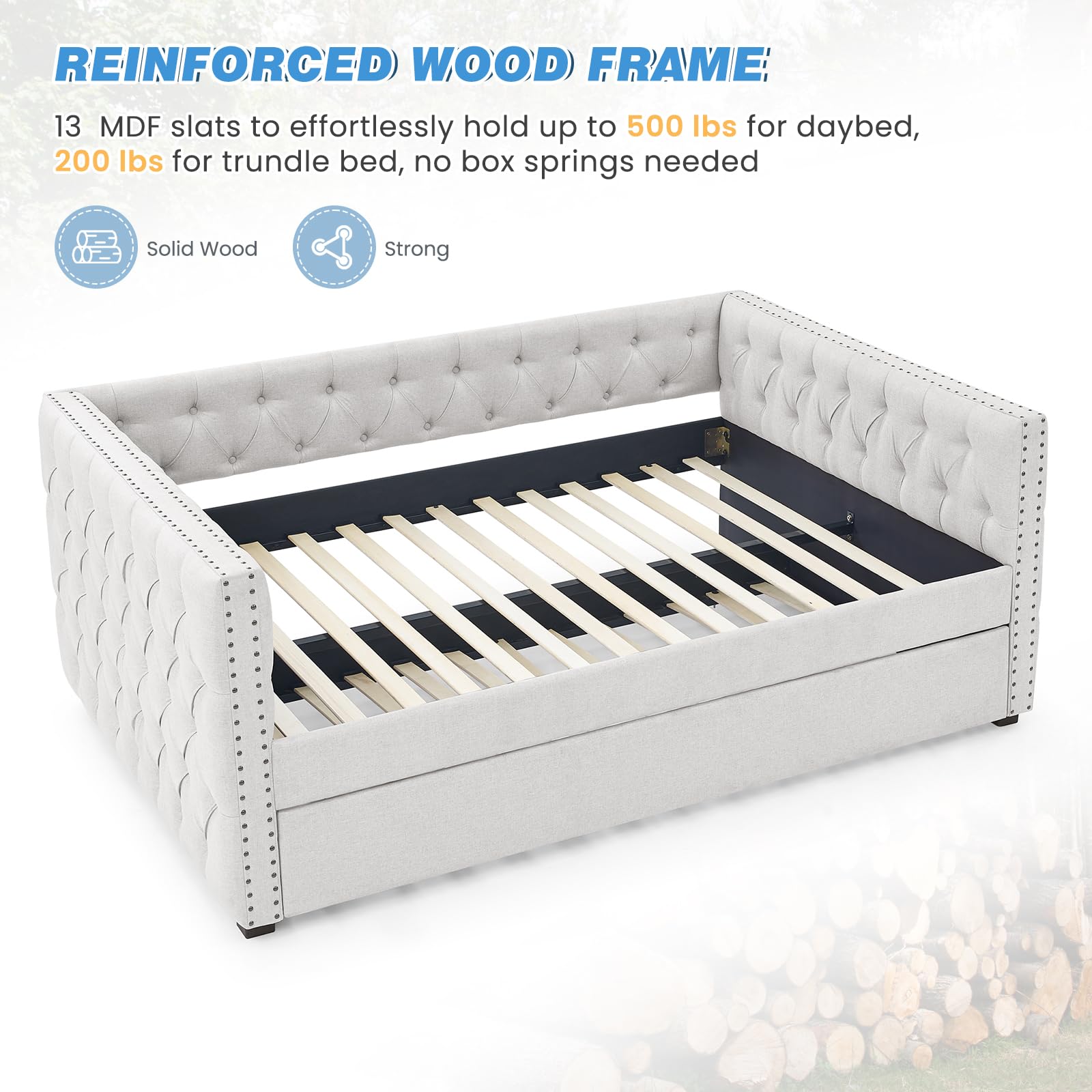 Antetek Daybed with Trundle, Modern Upholstered Full Size Button-Tufted Sofa Bed Frame with A Roll-Out Trundle, No Box Spring Needed, Furniture for Bedroom Living Room Guest Room (Beige, Full)