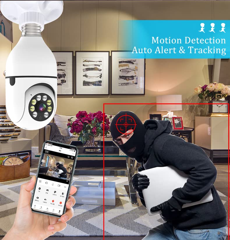 3MP Light Bulb Security Camera for Home Security, 360° WiFi Smart Light Socket Security Camera Outdoor Wireless, Lightbulb Camera with Motion Detection, Two Way Talk, Compatible with Alexa (1Pack)