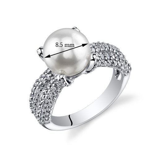 4 Prong Freshwater Cultured White Pearl Ring (8.5-9mm) Sterling Silver CZ Accent Size 7