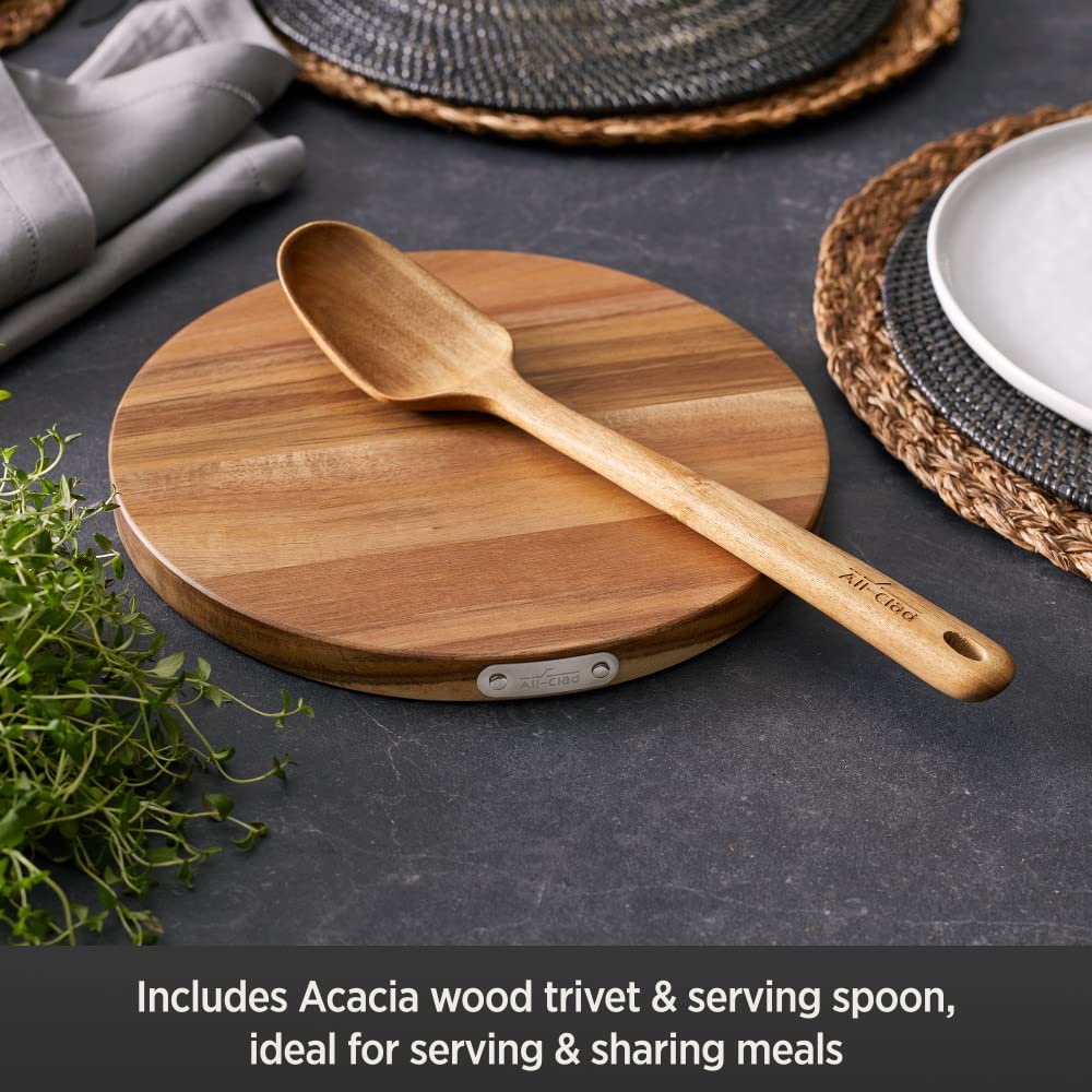 All-Clad HA1 Hard Anodized Nonstick Sauteuse Pan with Acacia Trivet and Spoon 4 Piece, 4 Quart Induction Oven Broiler Safe 500F, Lid Safe 350F Pots and Pans, Cookware Black