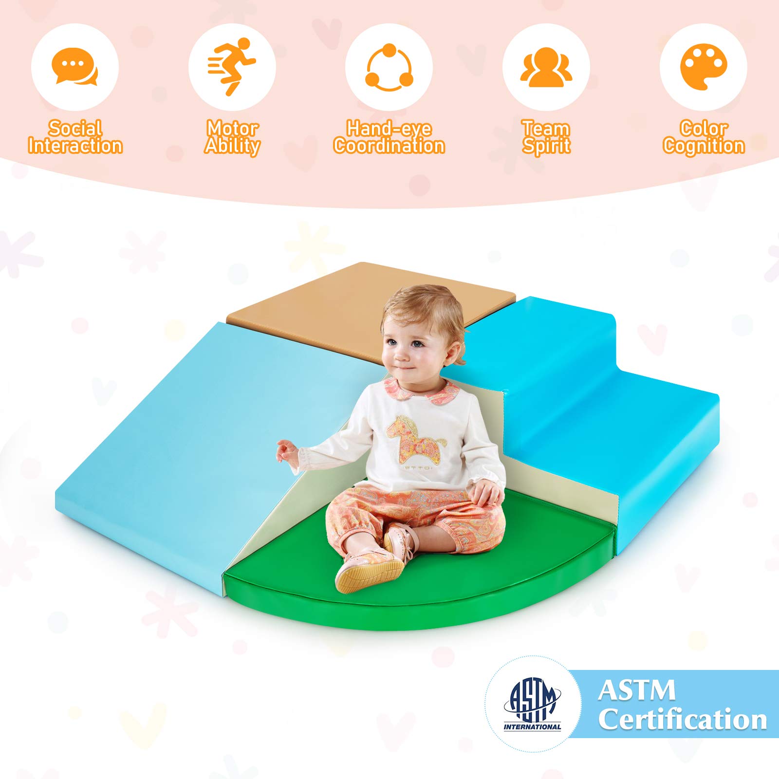 Costzon Climb and Crawl Foam Play Set, 4-Piece Soft Toddler Corner Climber Indoor Active Play Structure for Babies & Toddlers, Great for Climbing, Sliding and Physical Activity (Blue + Green + Coffee)