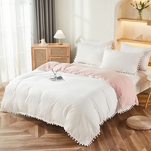 Bedbay Queen Duvet Cover Set Pink Bedding for Teen Girls Aesthetic Bedding Set Ball Pom Fringe Design 3pcs Ultra Soft Microfiber Duvet Cover Set(White&Pink,Queen)