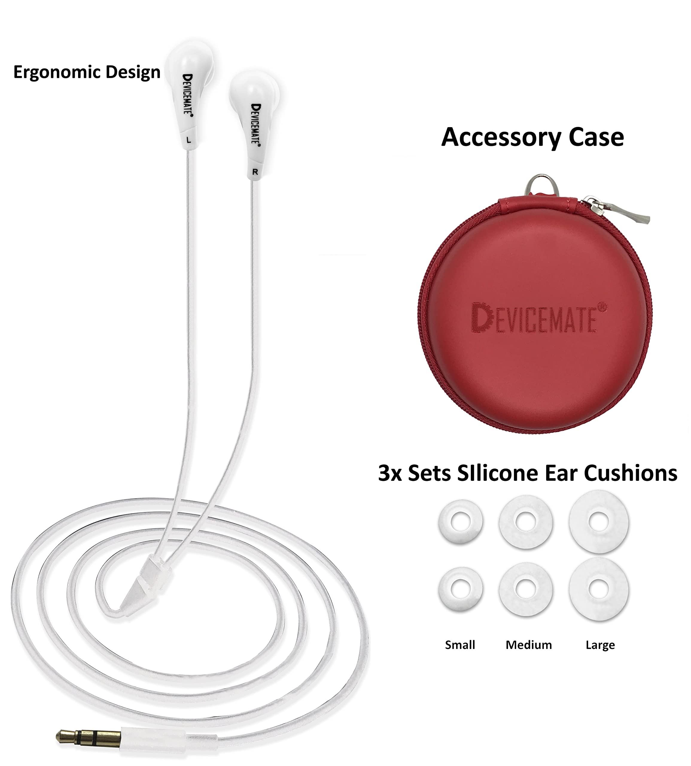 DEVICEMATE in-Ear Wired Earbuds Durable Earphones Headphones_Best Ear Buds Ear Phones for Cellphone Smartphone Tablet MP3 MP4 CD DVD Player Laptop Notebook PC Computer. No Mic. Red Case