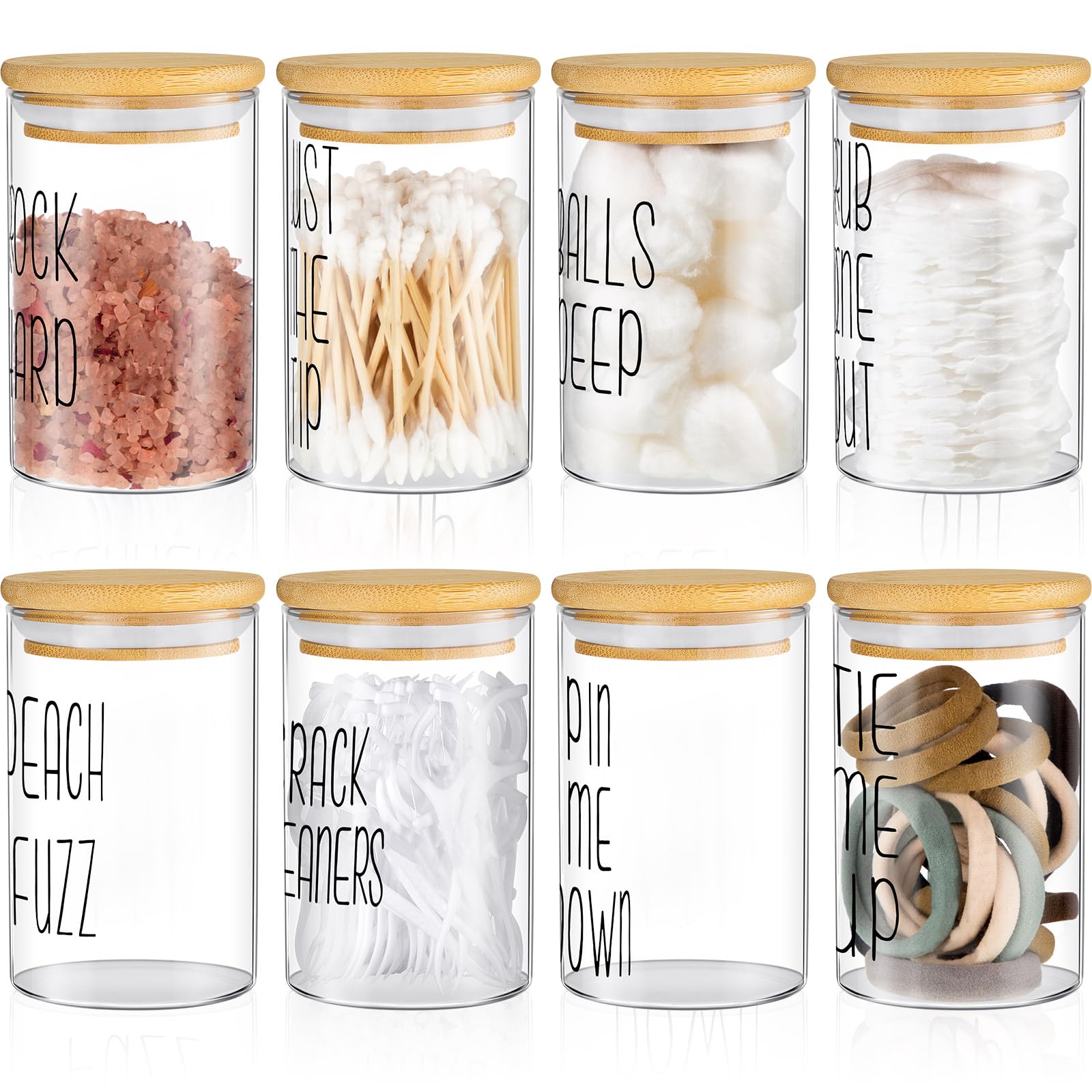 Tessco 8 Pcs Bathroom Jars with Lids Set 10Oz Apothecary Jars Glass Bathroom Jars with Bamboo Lid Cotton Ball Holder Funny Bathroom Canisters Bathroom Storage Decor for Floss Pick Makeup Organizer