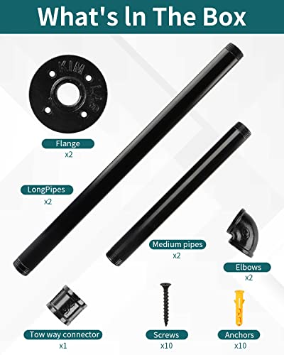 AOKLIT 2 Pack Clothes Rack 36.2 Inch Industrial Pipe Wall Mounted Closet Rod, Space-Saving Clothing Rack, Heavy Duty Detachable Garment Rack, Multi-Purpose Closet Rods For Hanging Clothes 2 Base