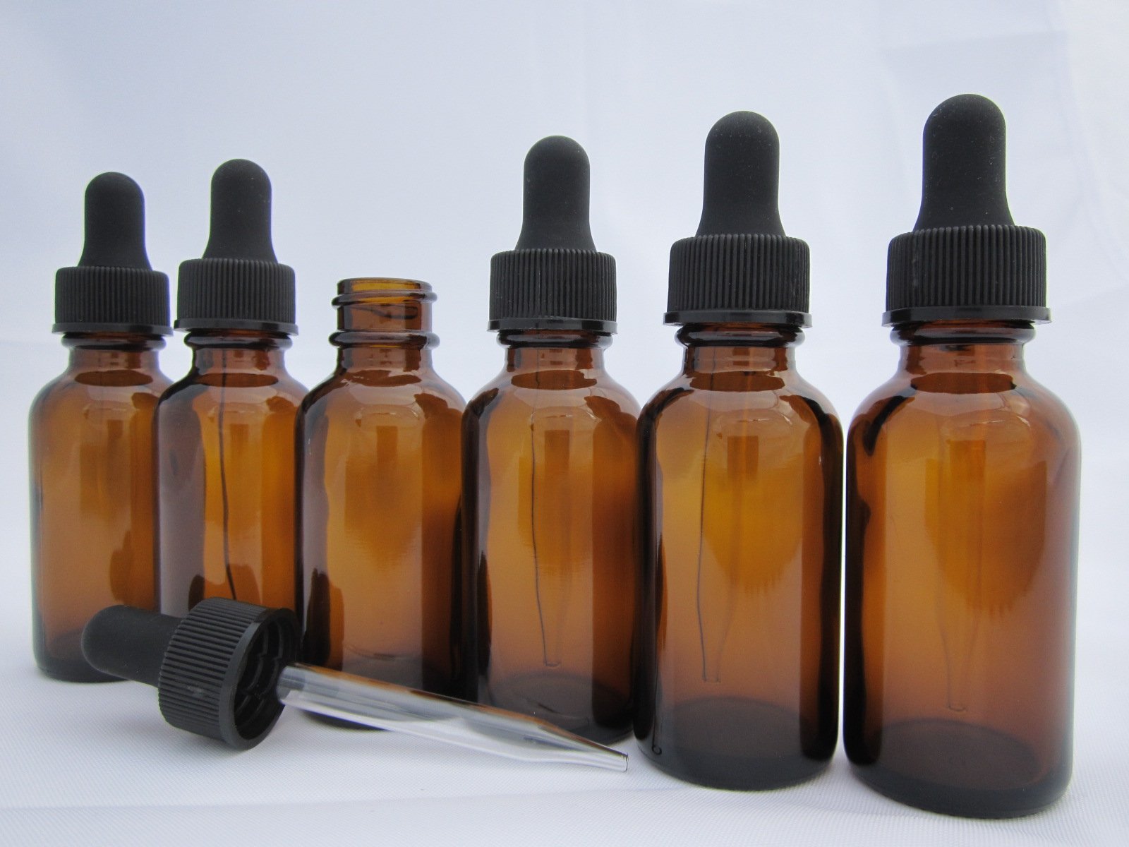 DropperStop™ 1oz Amber Glass Dropper Bottles (30mL) with Tapered Glass Droppers - Pack of 6