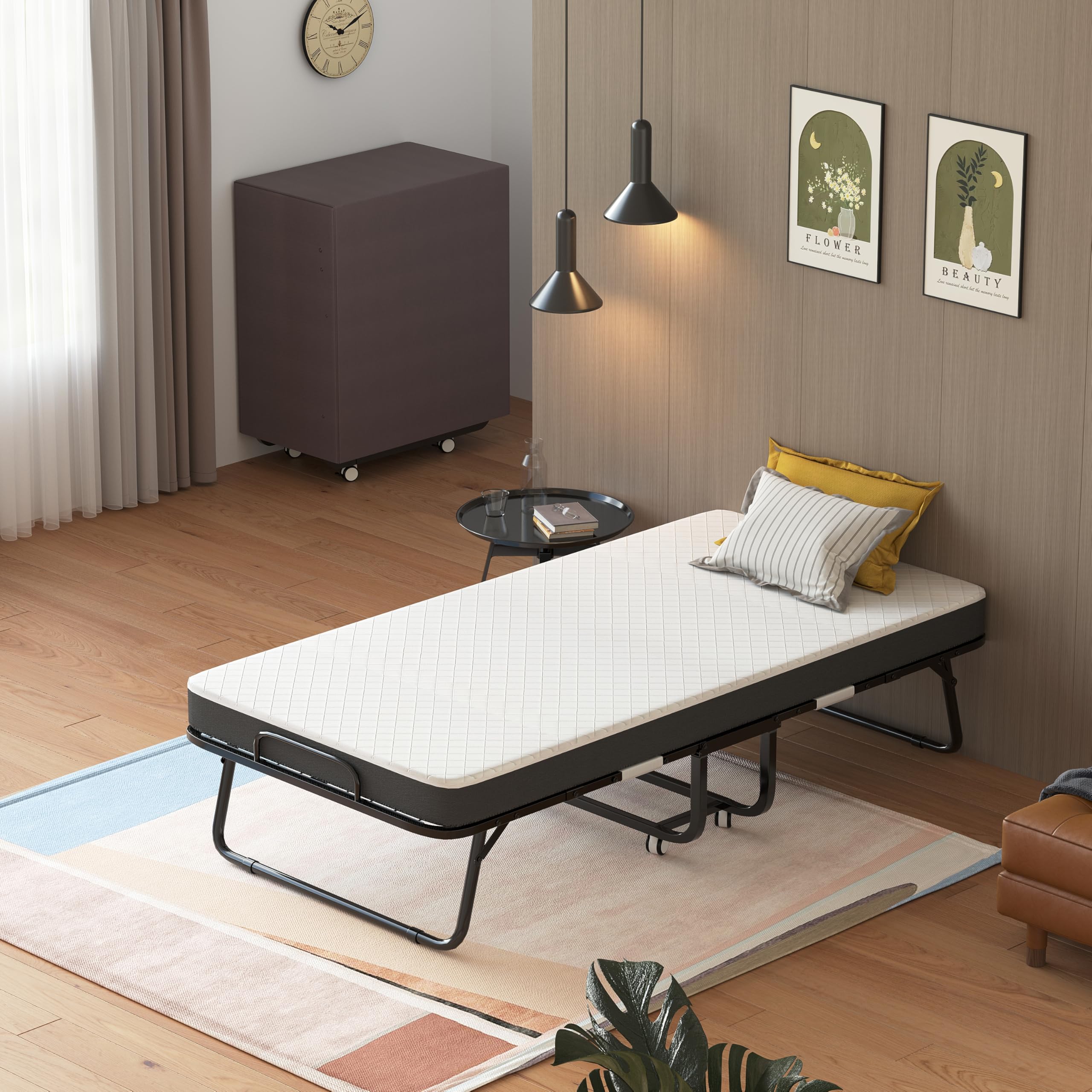 MUTUN Folding Bed with Mattress, Upgraded 5" Memory Foam Mattress Portable Foldable Guest Bed for Adults, Cot Fold Up Day Bed Rollaway Bed with Metal Frame on Wheels, Bed Cover Included 75" x 31"