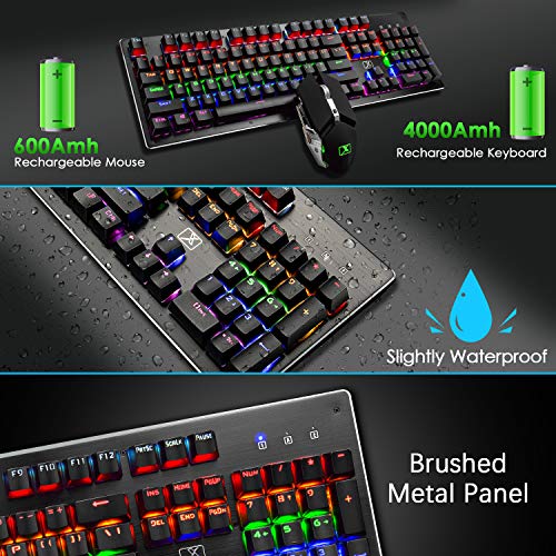 Wireless Gaming Keyboard and Mouse Combo with 104 Key Rainbow LED Backlight Rechargeable 4600mAh Battery Mechanical Keyboard Anti-ghosting Ergonomic RGB Mute Mice for Computer PC Gamer (Blue Switch)