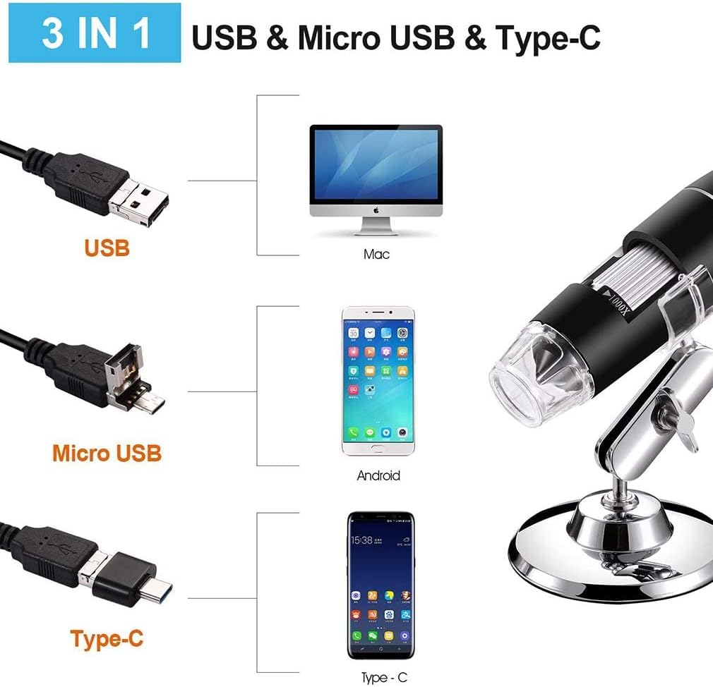 Grewtech USB Digital Microscope 1600x 8 LED Magnification Endoscope Camera with Metal Stand Compatible with Windows, Android and Mac