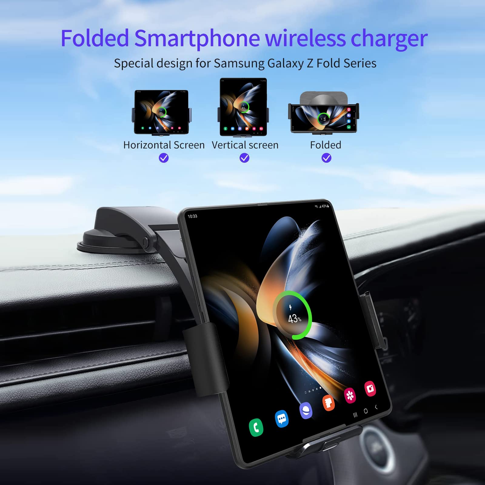 3CASS Fast Wireless Car Charger Compatible with Samsung Galaxy Z Fold4 Fold3 Fold2 S22 Ultra Note20 iPhone 14 Pro Max, Dual Coil for Horizontal & Vertical Placement, Auto Clamp Fast Car Charger