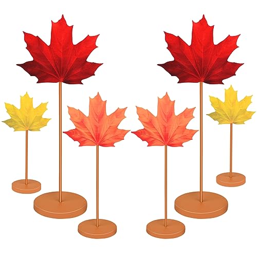 6 Pcs Fall Standing Decor for Tabletop Maple Leaves Wooden Table Sign Thanksgiving Centerpiece Rustic Block Set Wood Tiered Tray Decoration for Farmhouse Home Kitchen