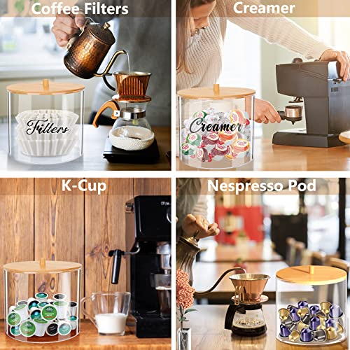Coffee Pod Holder with Bamboo Lid, Clear K Cup Holder Kcup Vertuo Organizer 80-Ounce, Coffee Filter Holder, Keurig Pods Holder for Counter,Coffee Creamer Container Compatible with Nespresso Capsule