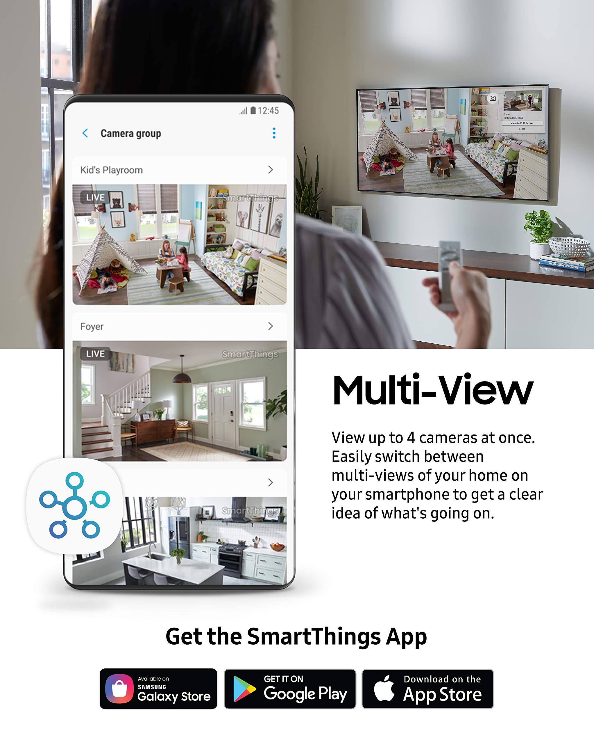 Samsung SmartThings Indoor Security Camera (GP-U999COVLBDA), 1080P HD Video with HDR, Night Vision, Advanced Motion Detection, and Two-Way Audio – Black/White
