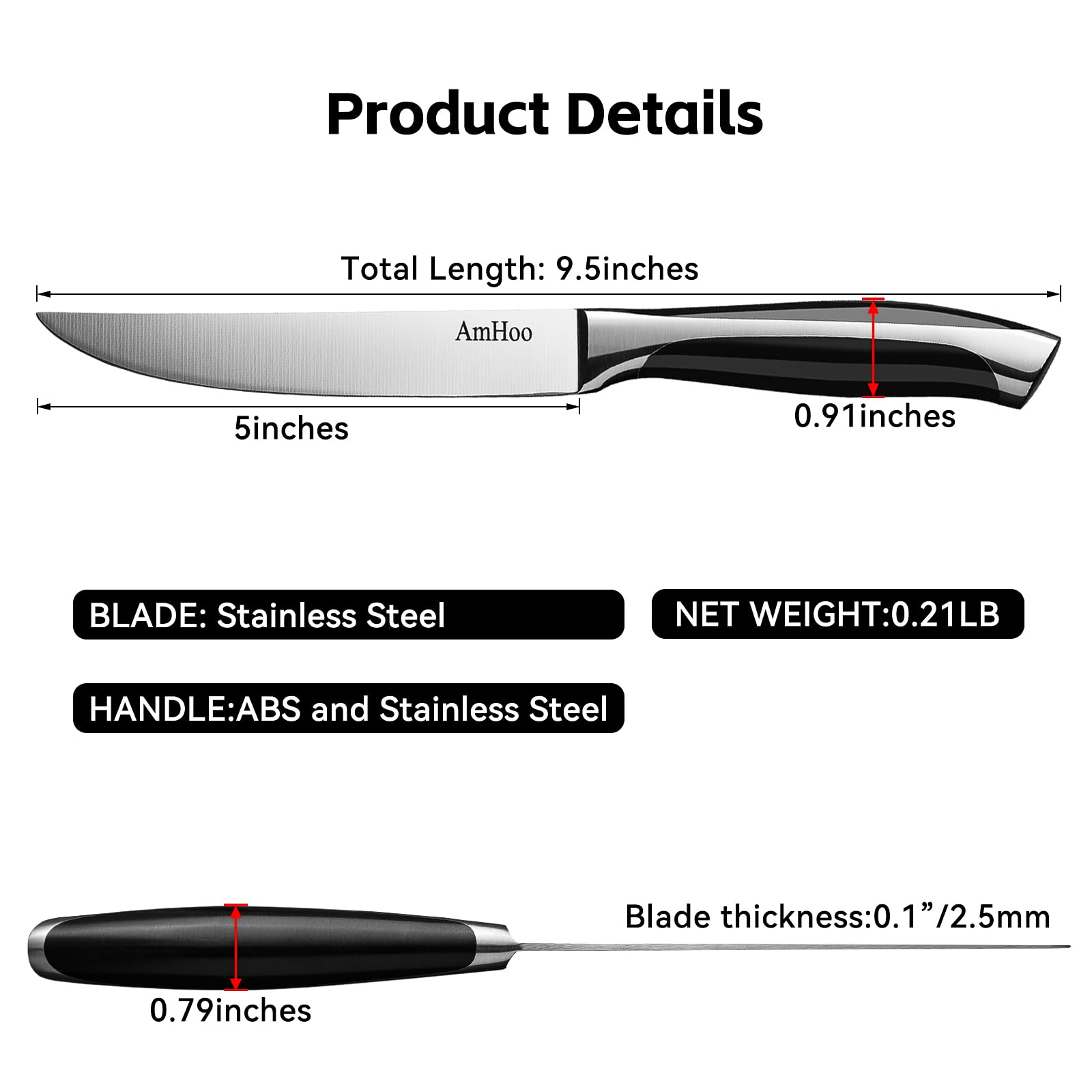 AmHoo Steak Knives Set of 6 Non Serrated 5-inch High Carbon Stainless Steel Ultra Sharp ABS Handle