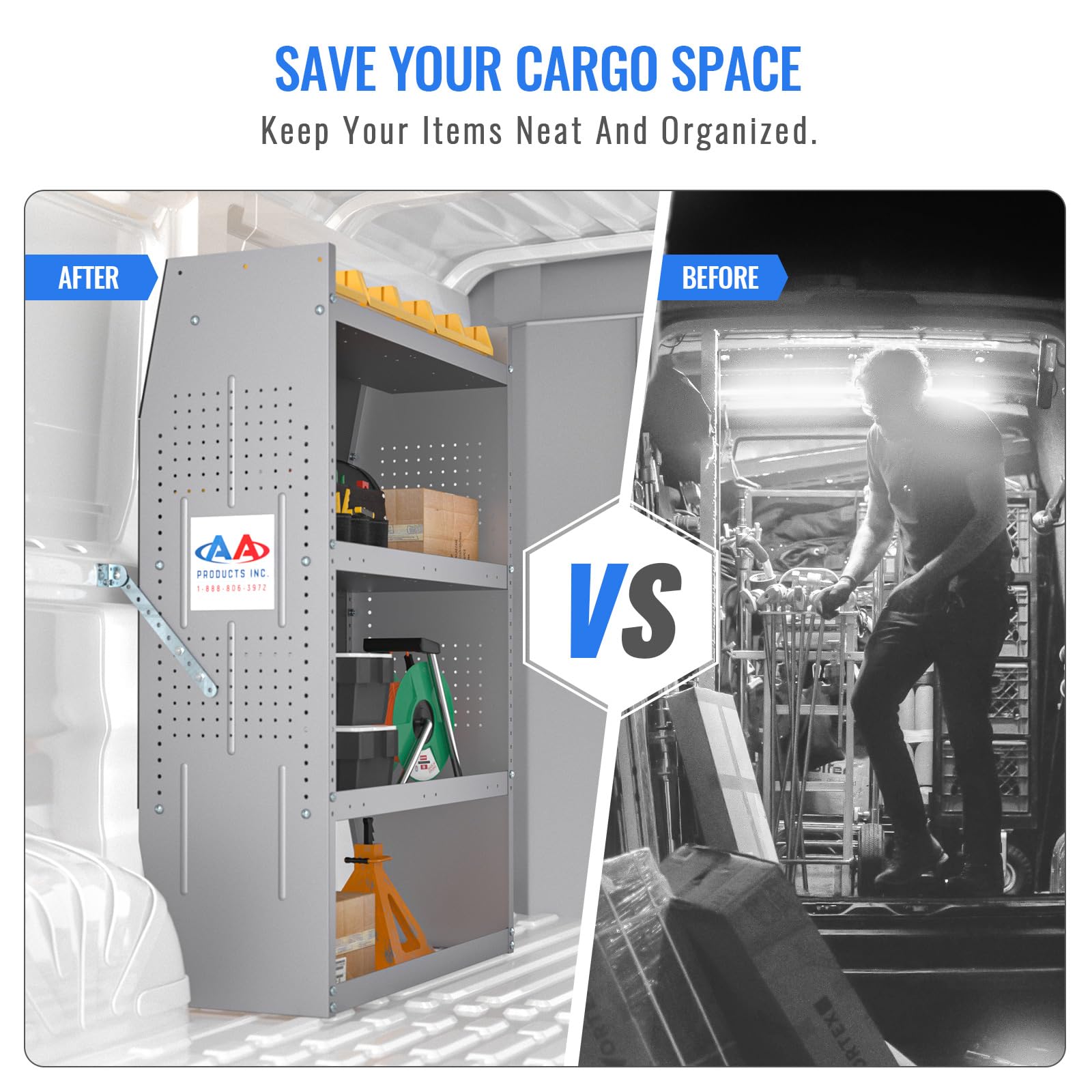 AA Products Inc. SH-4303 Steel Van Shelving Storage System Fits for NV200, Transit Connect 2014+ and Chevy City Express, Contoured Shelving Unit, 32" W x 43" H x 13" D