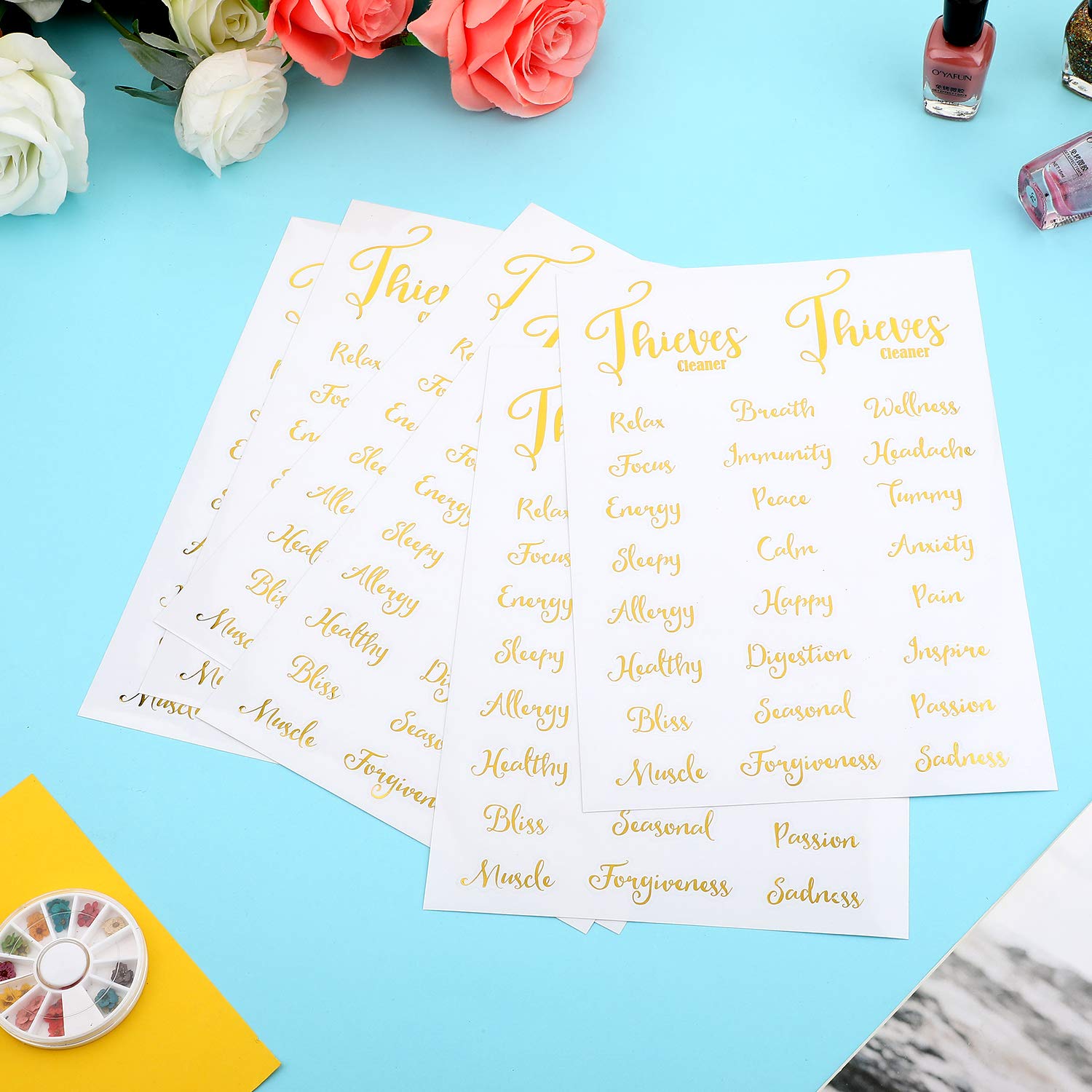8 Sheets Essential Oil Bottle Labels Stickers Letter Stickers Waterproof Vinyl Essential Oil Labels for Perfume Bottle (Golden)
