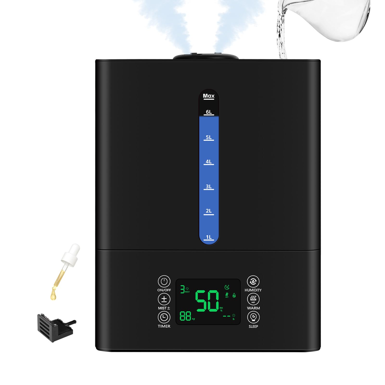 6.5L Humidifiers for Bedroom and Home, Cool and Warm Mist Humidifiers for Home & Plants, Mist Top Fill Desk Humidifiers Essential Oil Diffuser with Adjustable Mist,360°Nozzle,Auto Shut-Off,black