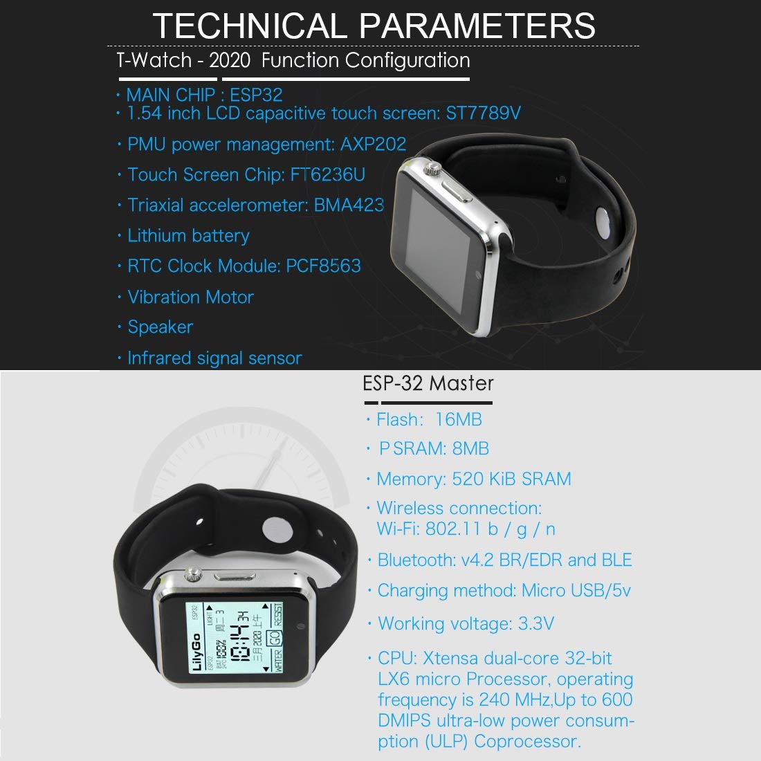 youyeetoo ESP32 T-Watch-2020 with 1.54 Inch Touch Display and programmable Wearable Environmental Interaction