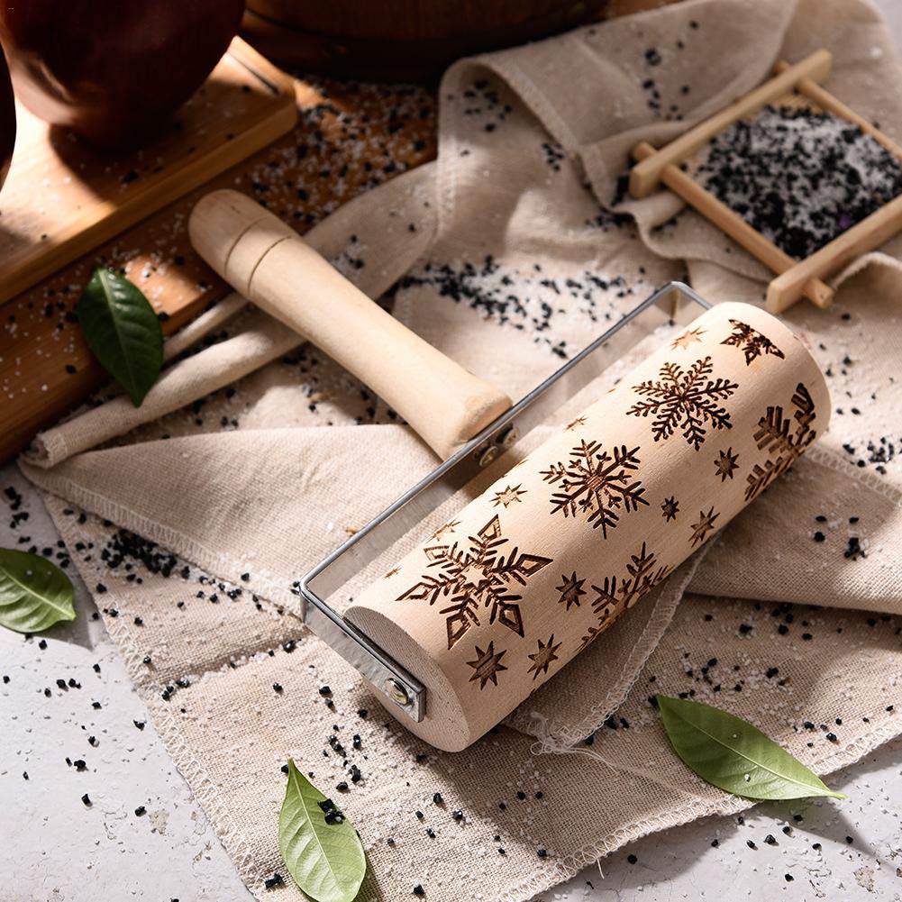 3D Wooden Christmas Embossed Pattern Rolling Pin, Laser Engraved Pastry Pizza Baking Roller Pin for Christmas Cookies Baking Non Stick(Christmas Tree)