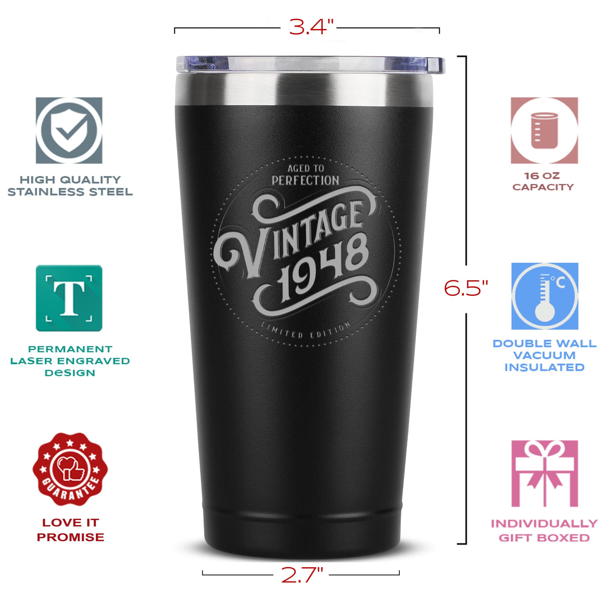 75th Birthday Gifts for Men - 1948 Vintage 16 oz Stainless Steel Black Coffee Tumbler