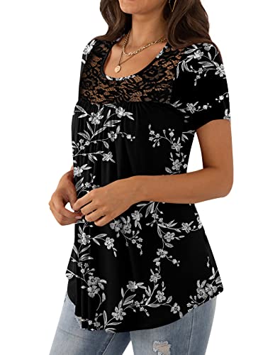 BISHUIGE Women's Casual Loose Short Sleeves Tunic Tops Lace Panel Pleated T-shirts Blouses with Leggings, M, Carved White - Black
