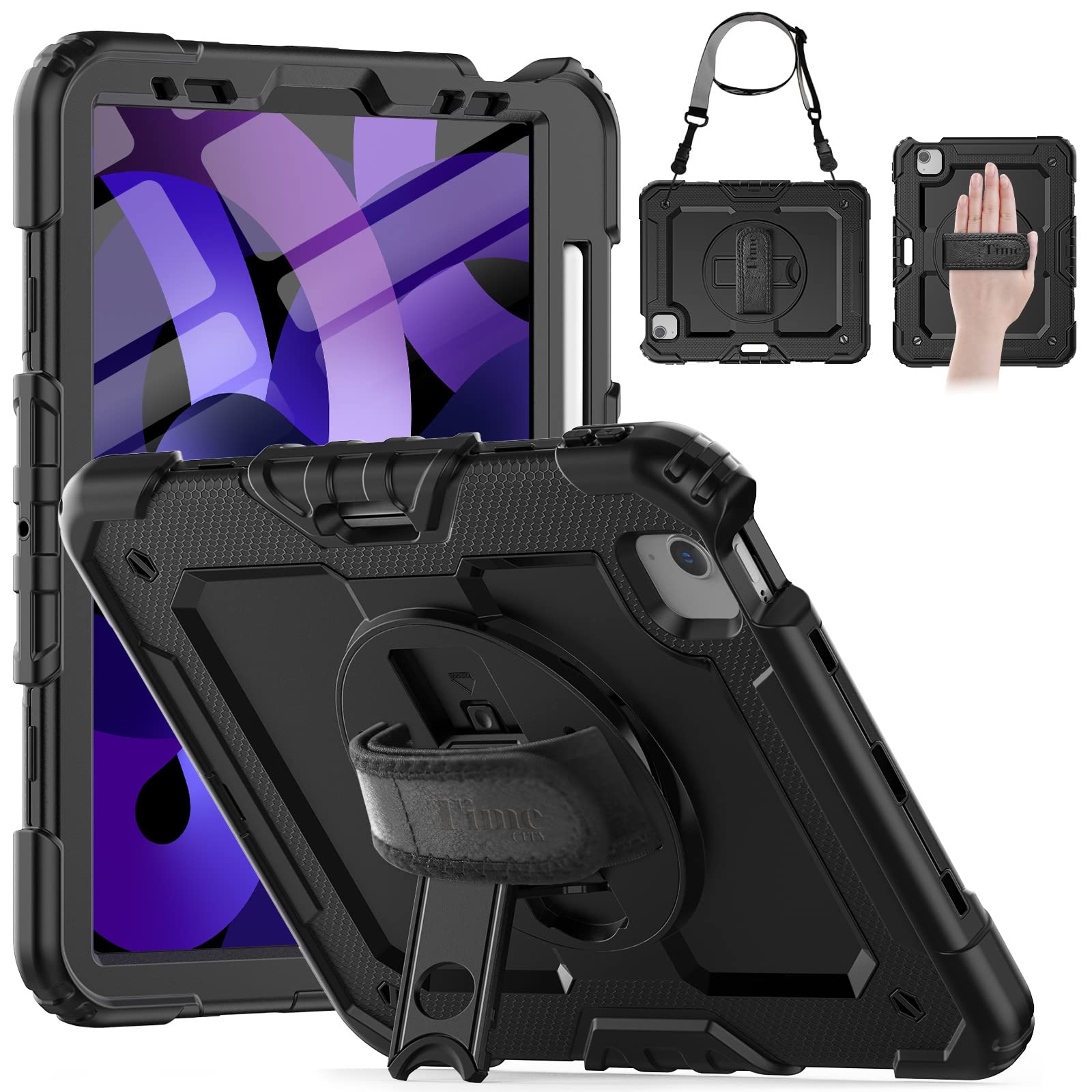 Timecity Case for iPad Air 5th Generation 2022/ for iPad Air 4th Generation 2020-10.9 inch, Durable Sturdy Protection Case with Pencil Holder Screen Protector [360 Rotating Stand] Hand Strap- Black