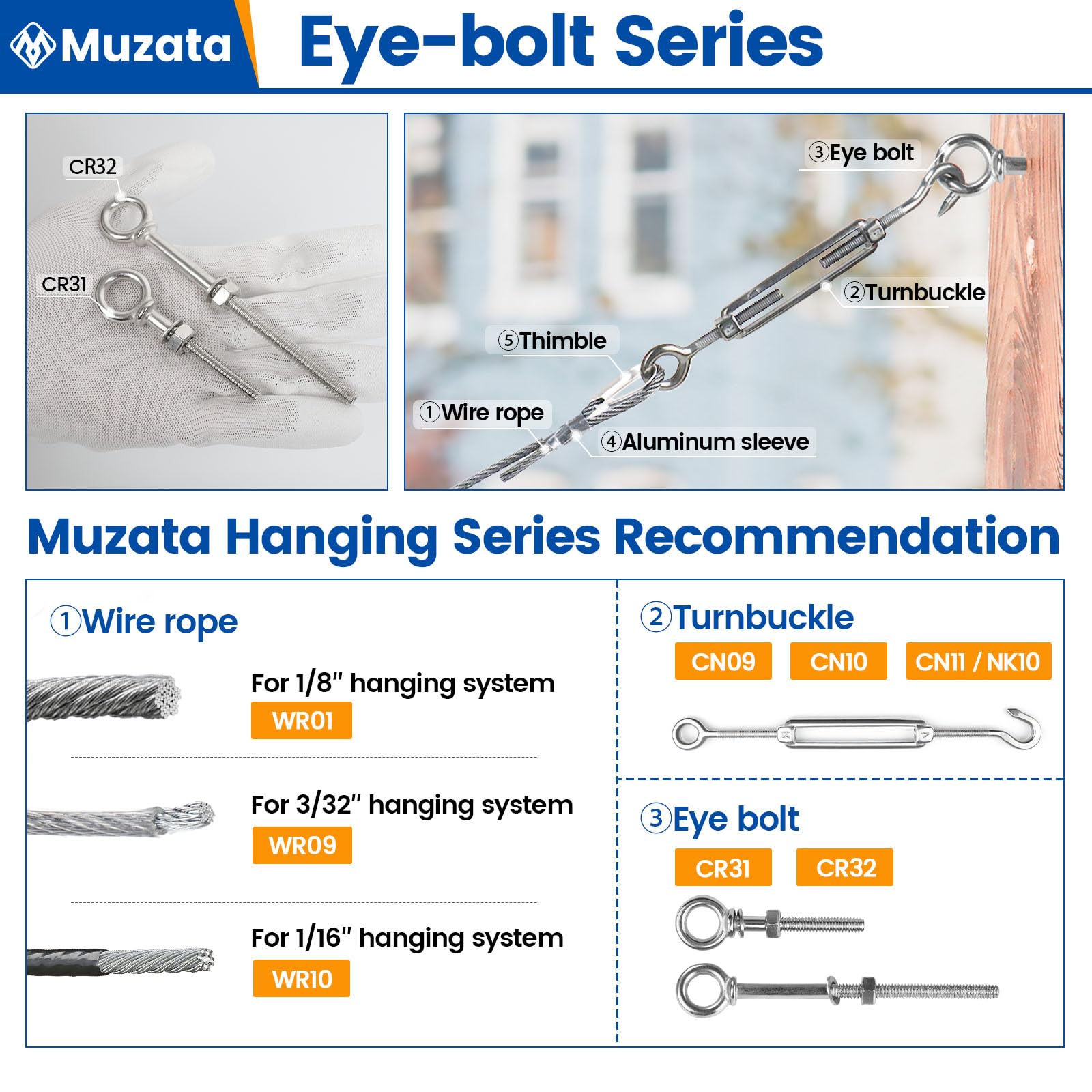 Muzata 5 Pack 1/4" x 2" Eye Bolt T316 Stainless Steel Eye Bolts with Nuts Washers Threaded Heavy Duty Shoulder Lifting Ring Total 3" Length Marine Grade UNC-3A CR31