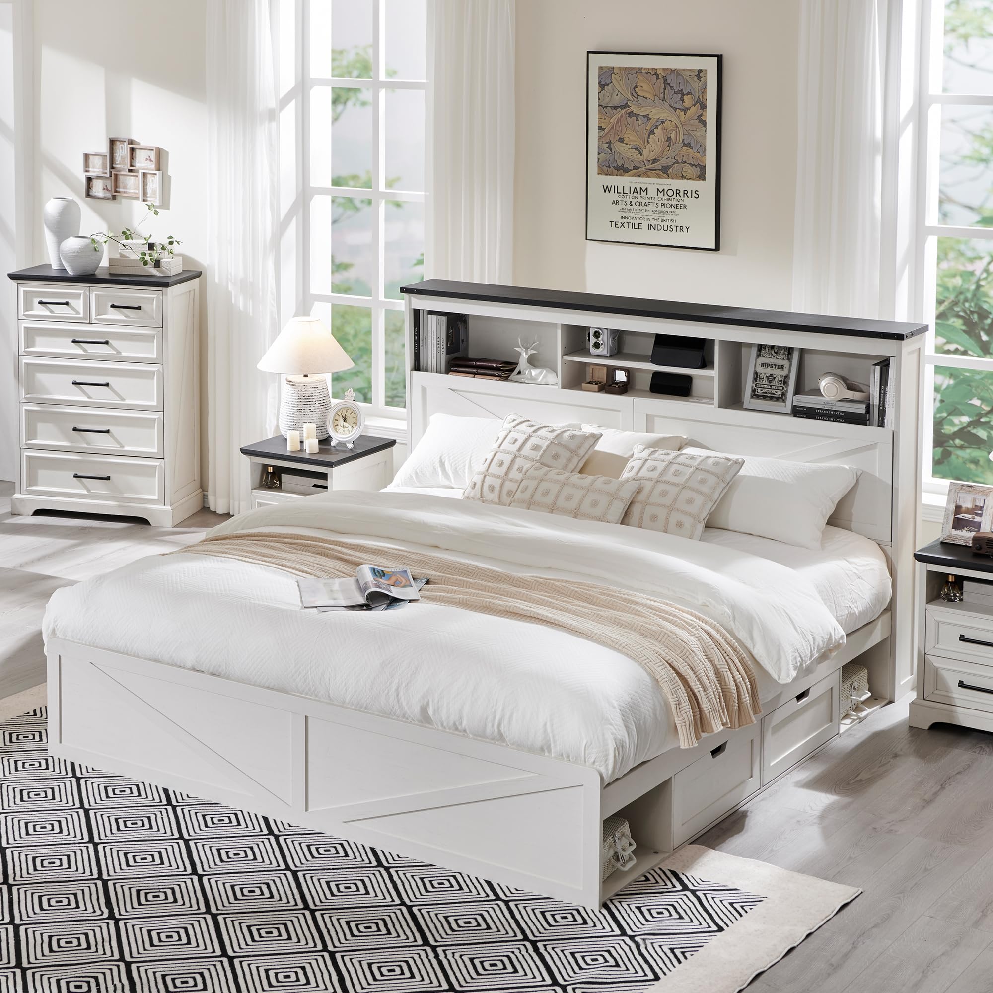 ACCOHOHO Farmhouse King Size Wood Bed Frame with 52" Tall Storage Headboard and 4 Drawers,LED Light,Charging Station,Solid Wood Slats Support,Noiseless,No Box Spring Needed,White