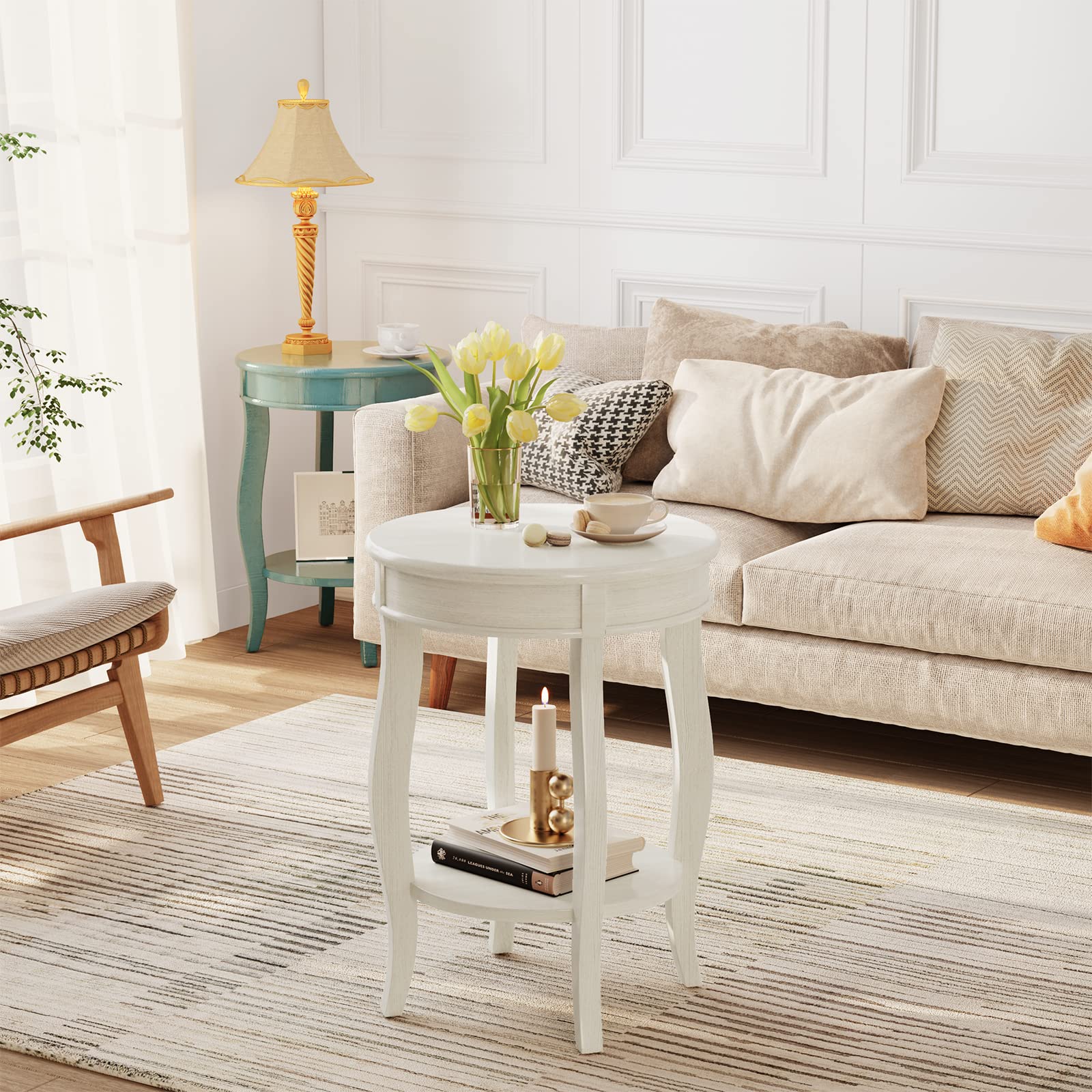 Acme Aberta Round Wooden End Table with Bottom Shelf in Antique White