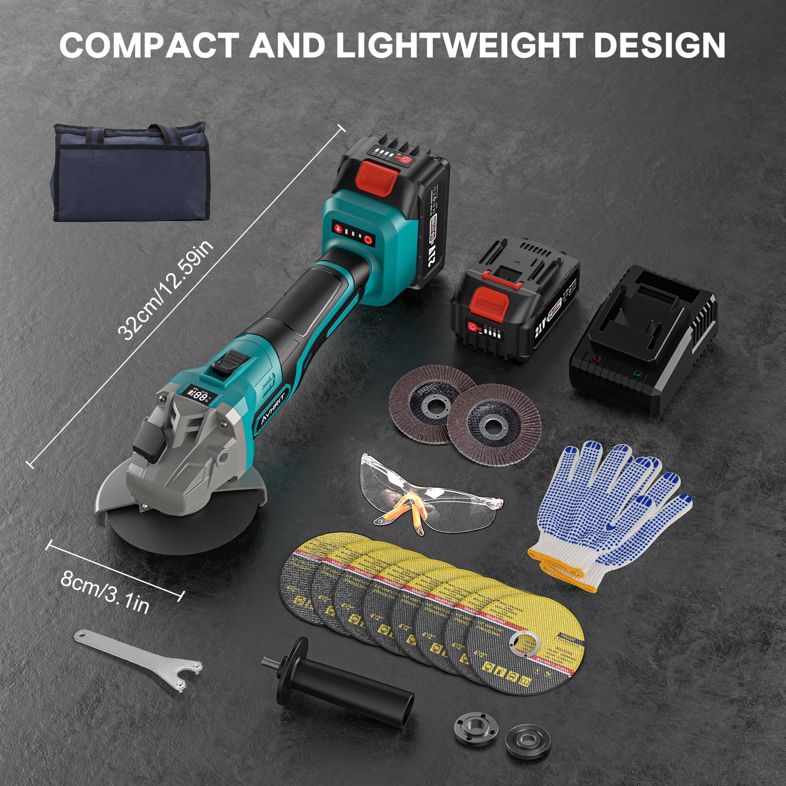 Avhrit Cordless Angle Grinder, 21V Power Angle Grinder Tools with 4.0Ah Battery & Fast Charger, 9000 RPM Brushless Motor Metal Grinder, 4-1/2'' Cutting Wheels, Flap Disc for Cutting, Grinding
