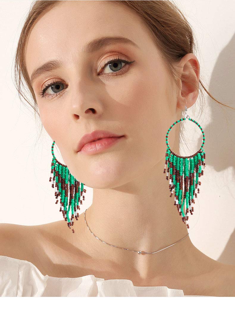 4-6 Pairs Long Beaded Tassel Dangle Earrings Handmade Bohemian Multicolor Statement Seed Beads Drop Earrings for Women (A)