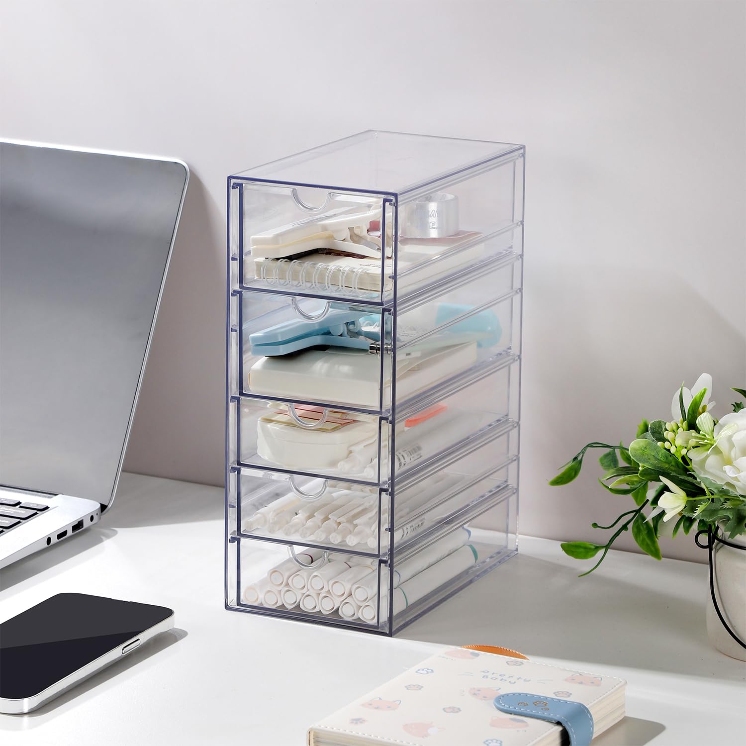 RAMFIYN Clear Stackable Beauty Box Storage 6 Drawer, Desk Narrow Acrylic Storage Drawers, Slim Storage Drawers Jewelry Organizer for Vanity, Bathroom, Bedroom, Office