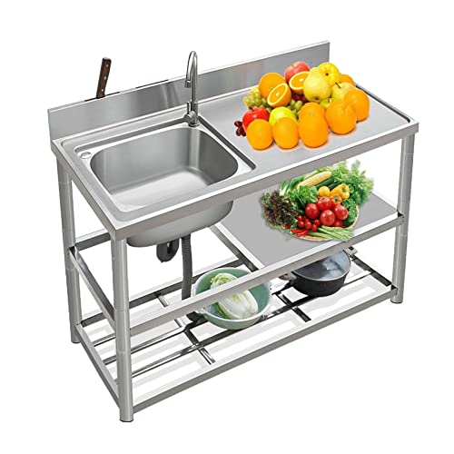 Commercial Stainless Steel Utility Sink for Laundry, Single Compartment Kitchen Station with Storage Sink Strainer and Splash Guard, Portable Sink with Work Table & Adjustable Feet ( Color : A , Size
