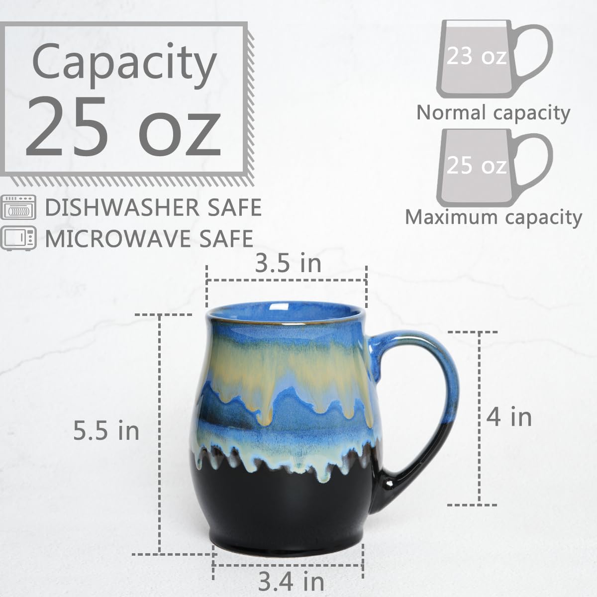 Bosmarlin Extra Large Ceramic Coffee Mug, 25 Oz, Dishwasher and Microwave Safe, Big Oversized Tea Cup, Reactive Glaze (Blue)