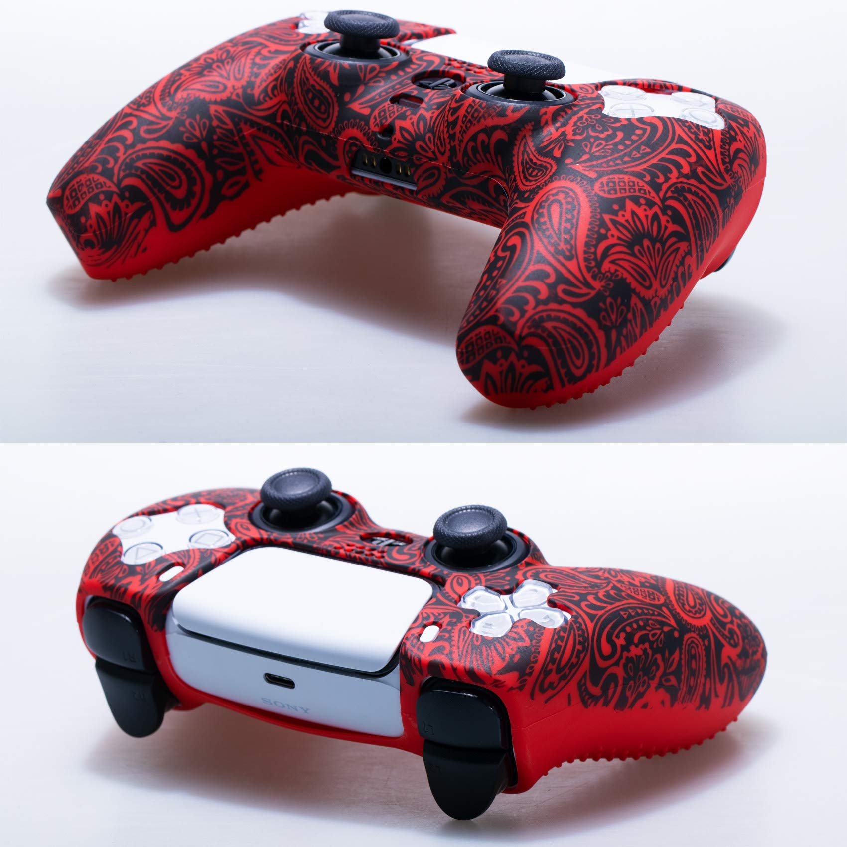 9CDeer 2 Pieces of Silicone Transfer Print Protective Cover Skin + 10 Thumb Grips for Playstation 5 / PS5 Controller Foliage Red & Blue