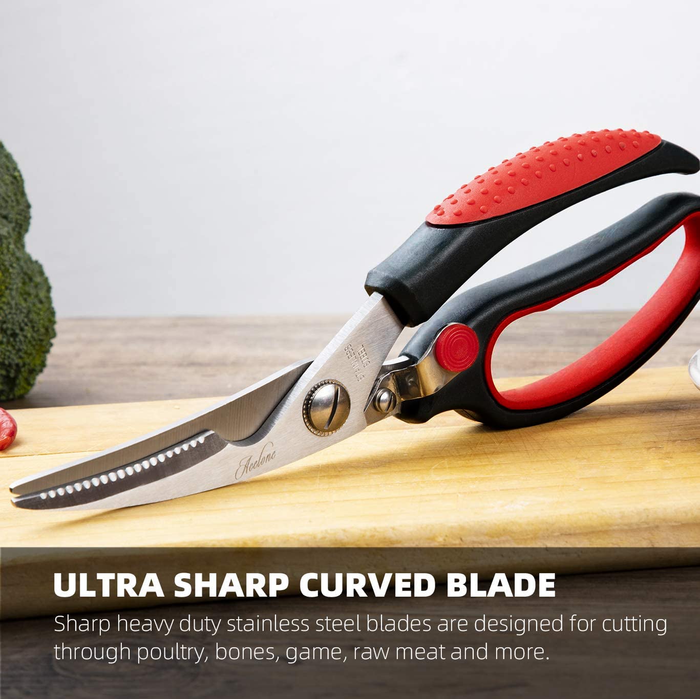 ACELONE Spring Loaded Poultry Shears - Heavy Duty Kitchen Chicken Shears With Anti-Slip Handle & Safety Lock - Poultry Scissors For Meat, Game, Chicken, Bone, Poultry & More.