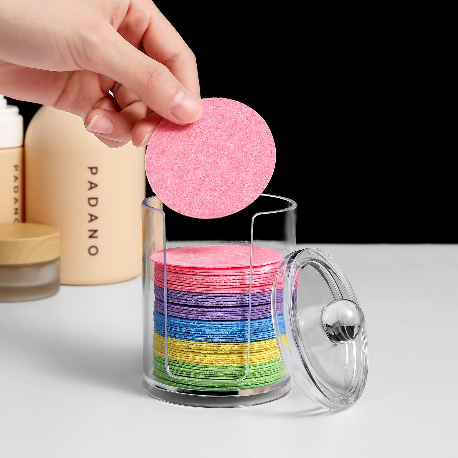 50-Count Compressed Natural Facial Sponges for Face Cleansing, Reusable Cosmetic Sponge, Used for Exfoliating and Makeup Removal With Clear Plastic Storage Jar (Colourful, 50pcs)